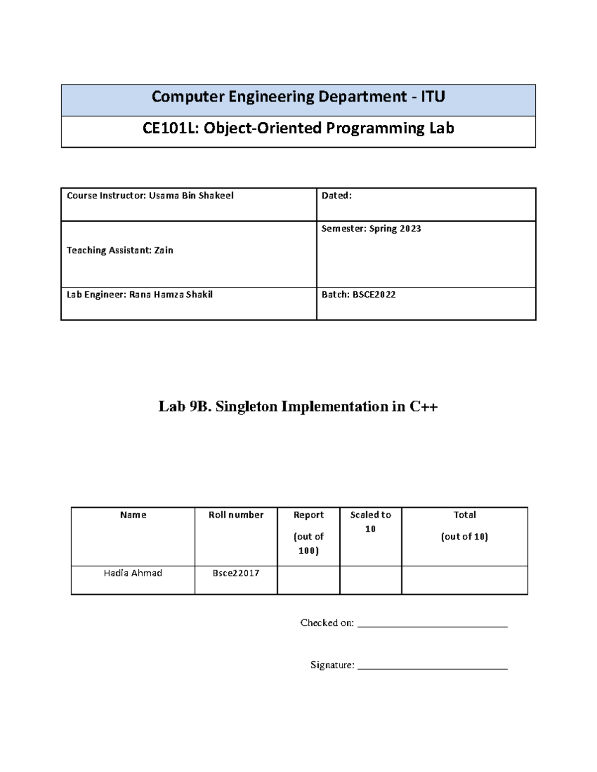 CE 09-B - none - Computer Engineering Department - ITU CE101L: Object-Oriented Programming Lab ...