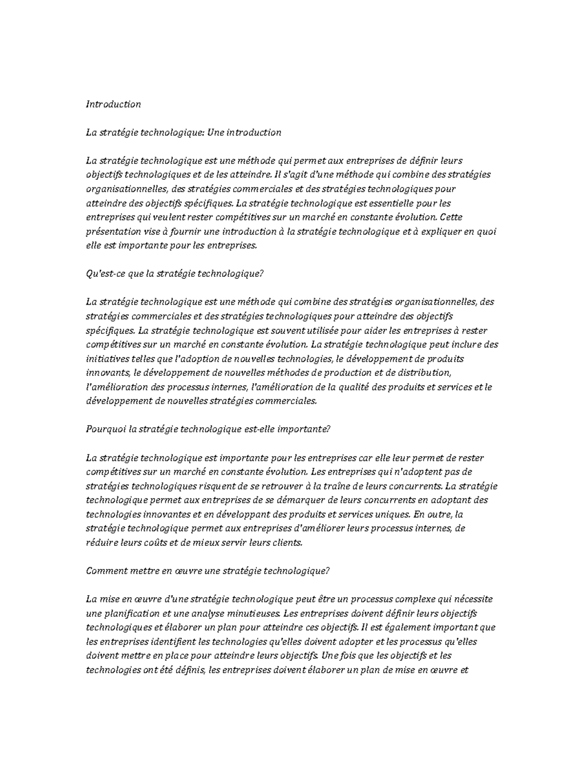 Technology Strategy note study - Introduction La stratégie ...