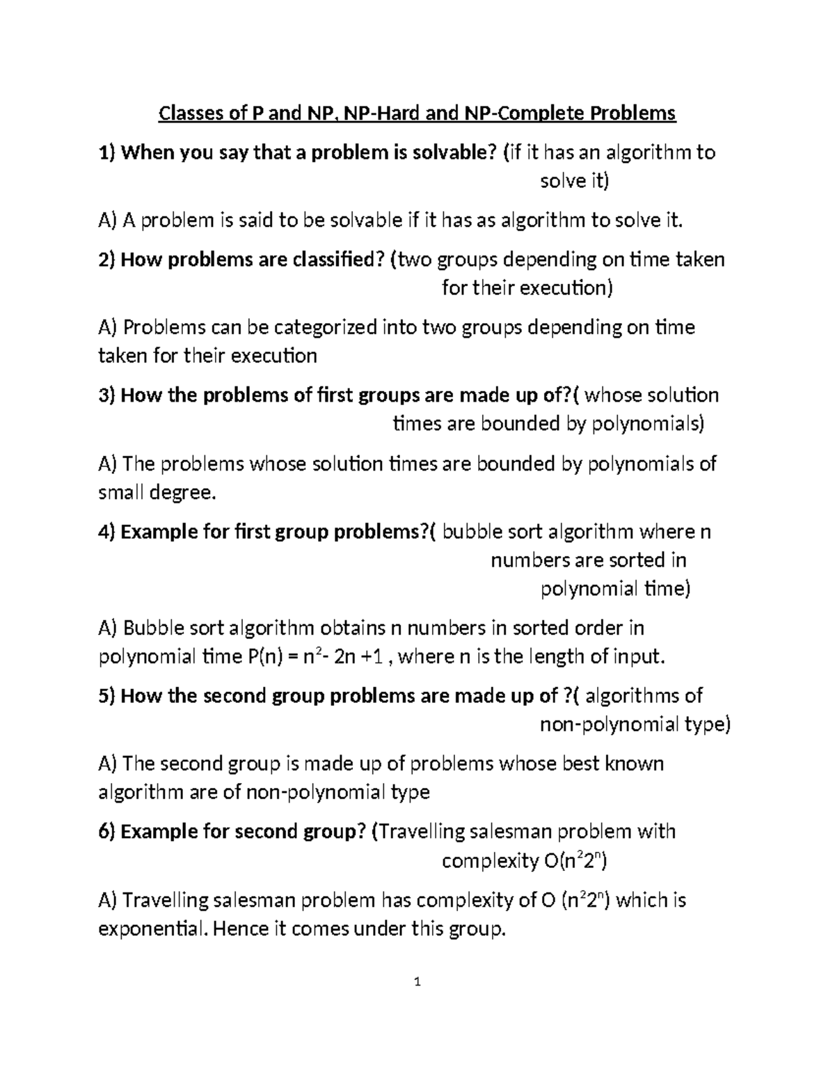 Classes of P and NP notes - Classes of P and NP, NP-Hard and NP ...