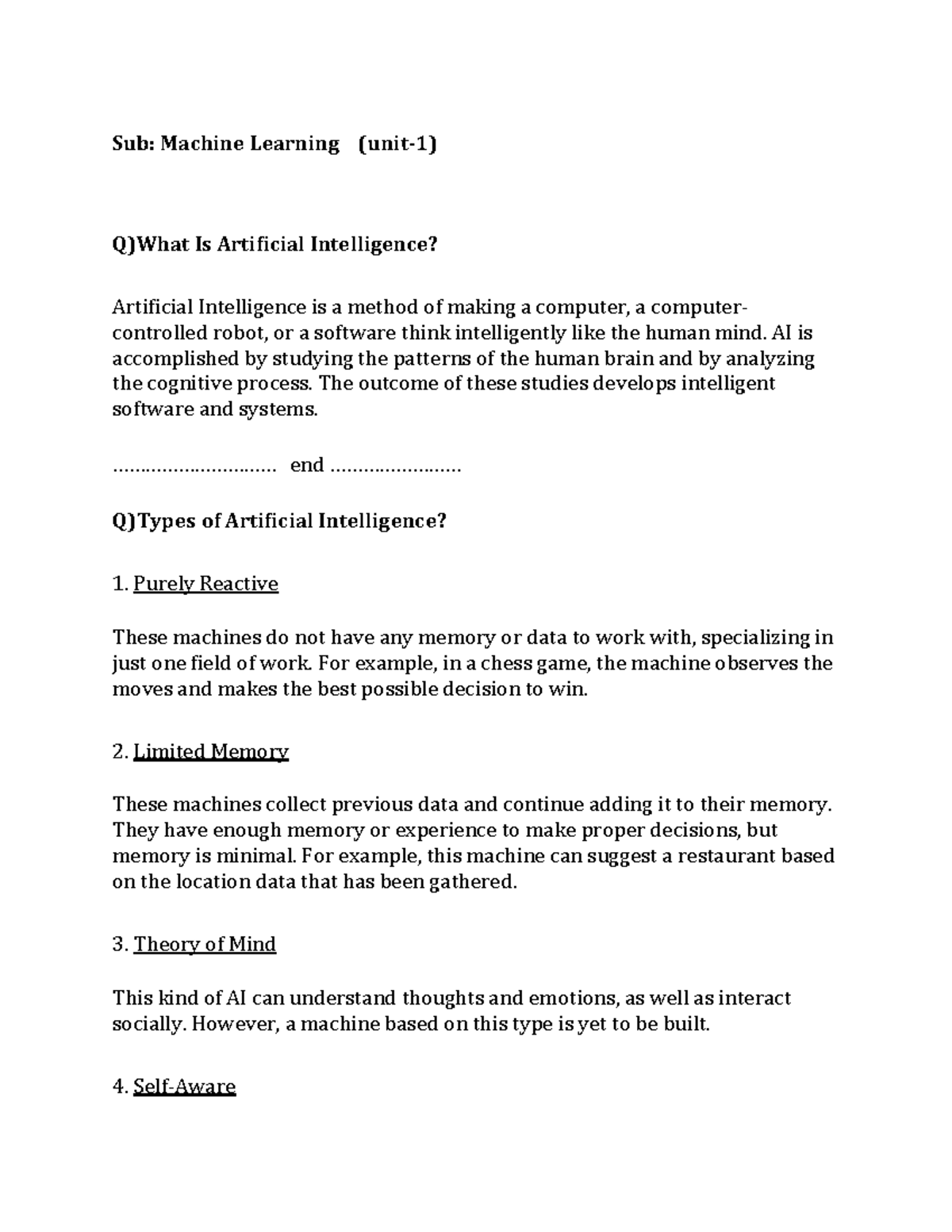 ML UNIT 1 - Good description regarding ML - Sub: Machine Learning (unit-1) Q)What Is Artificial ...