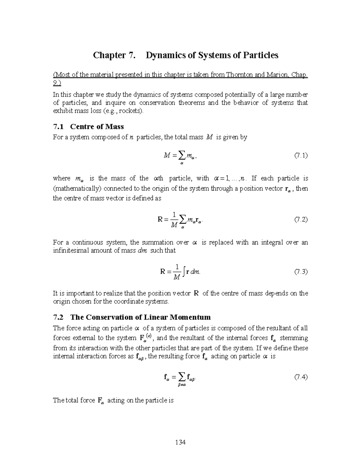 Systems Particles - Chapter 7. Dynamics of Systems of Particles (Most ...