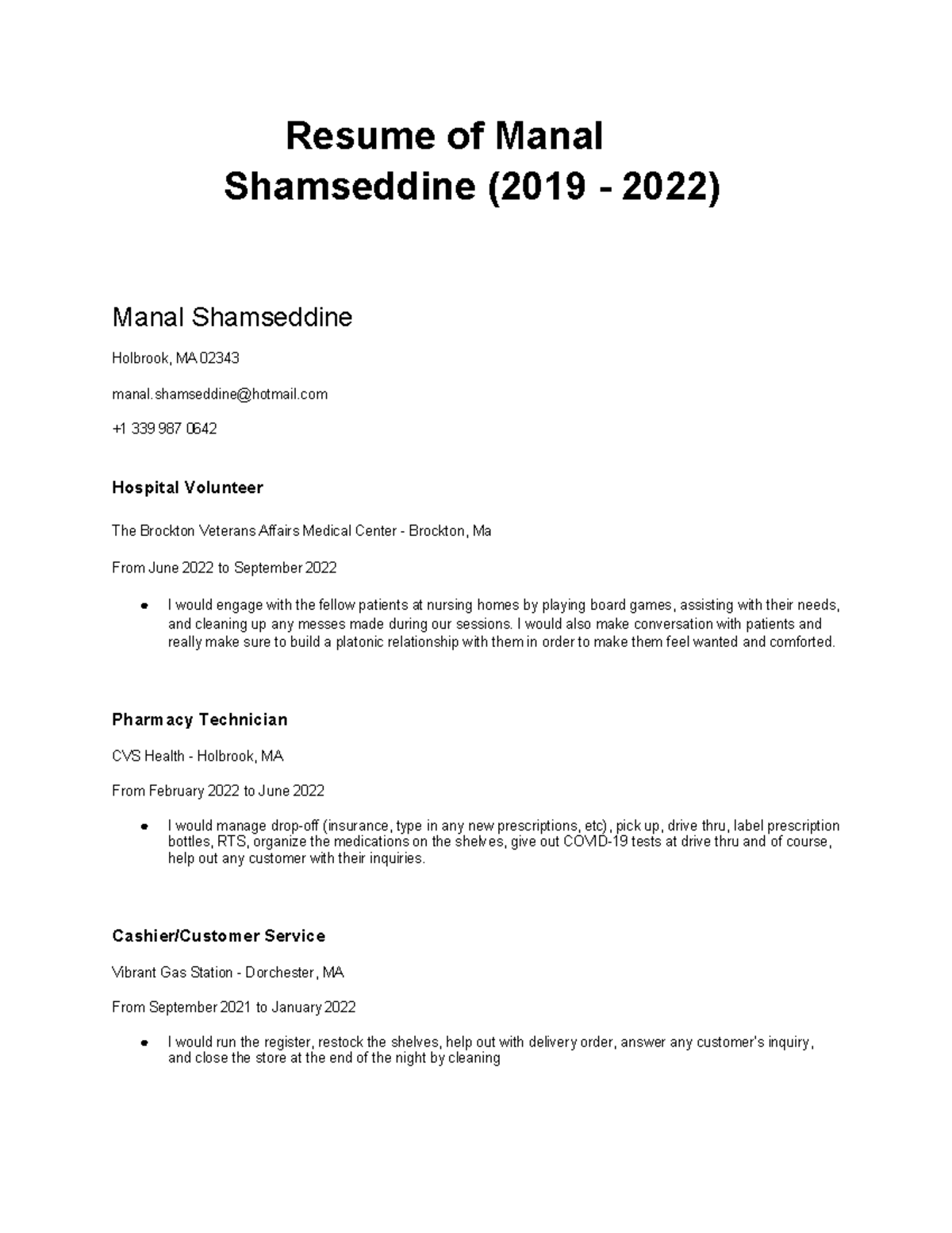 resume for work - Resume of Manal Shamseddine (2019 - 2022) Manal ...