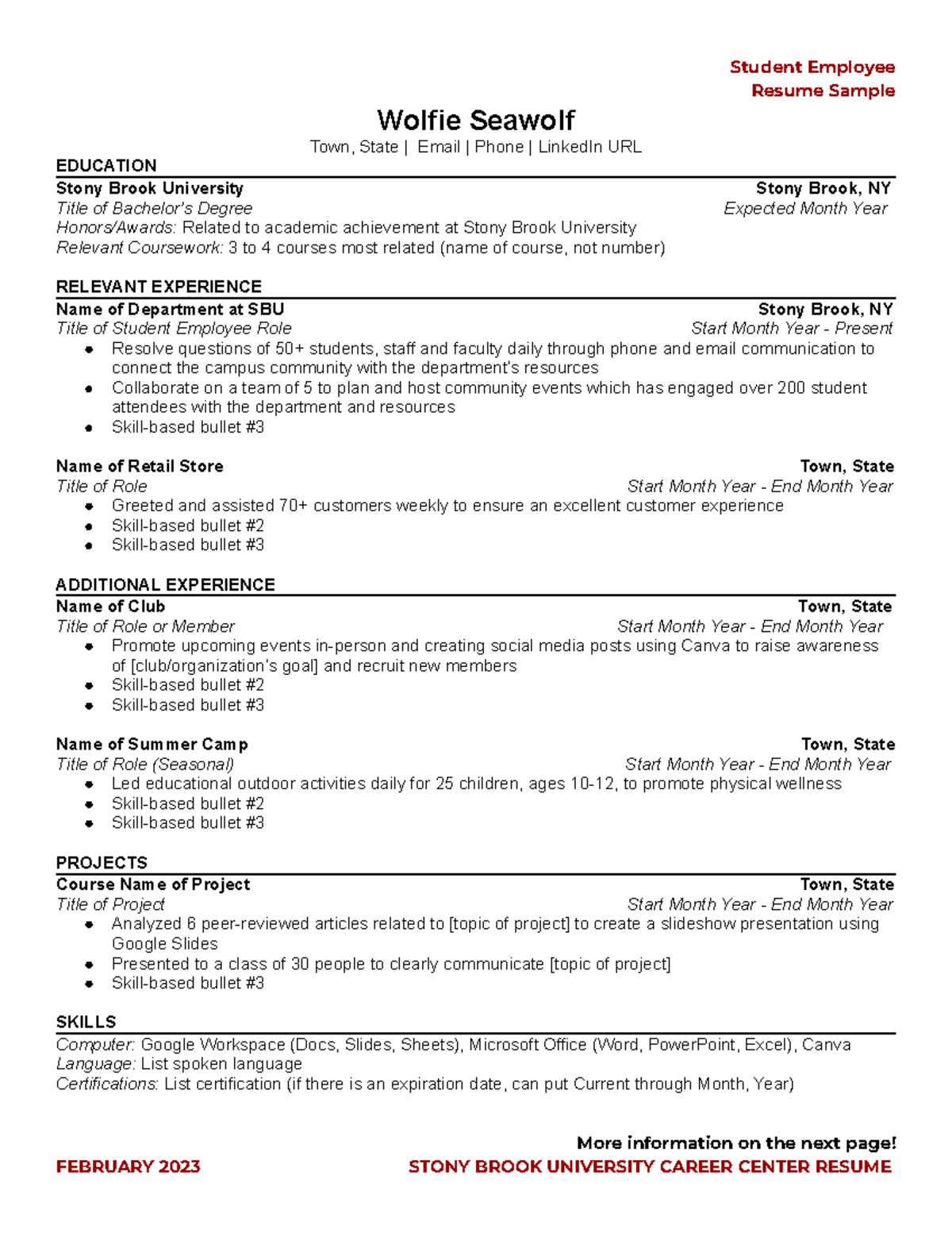 Student Employee Resume Sample - Student Employee Resume Sample Wolfie Seawolf Town, State ...