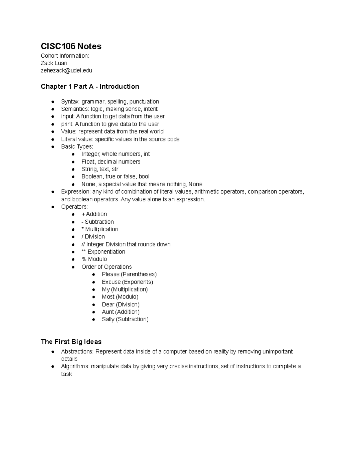 CISC106 Midterm 1 Notes - CISC106 Notes Cohort Information: Zack Luan ...