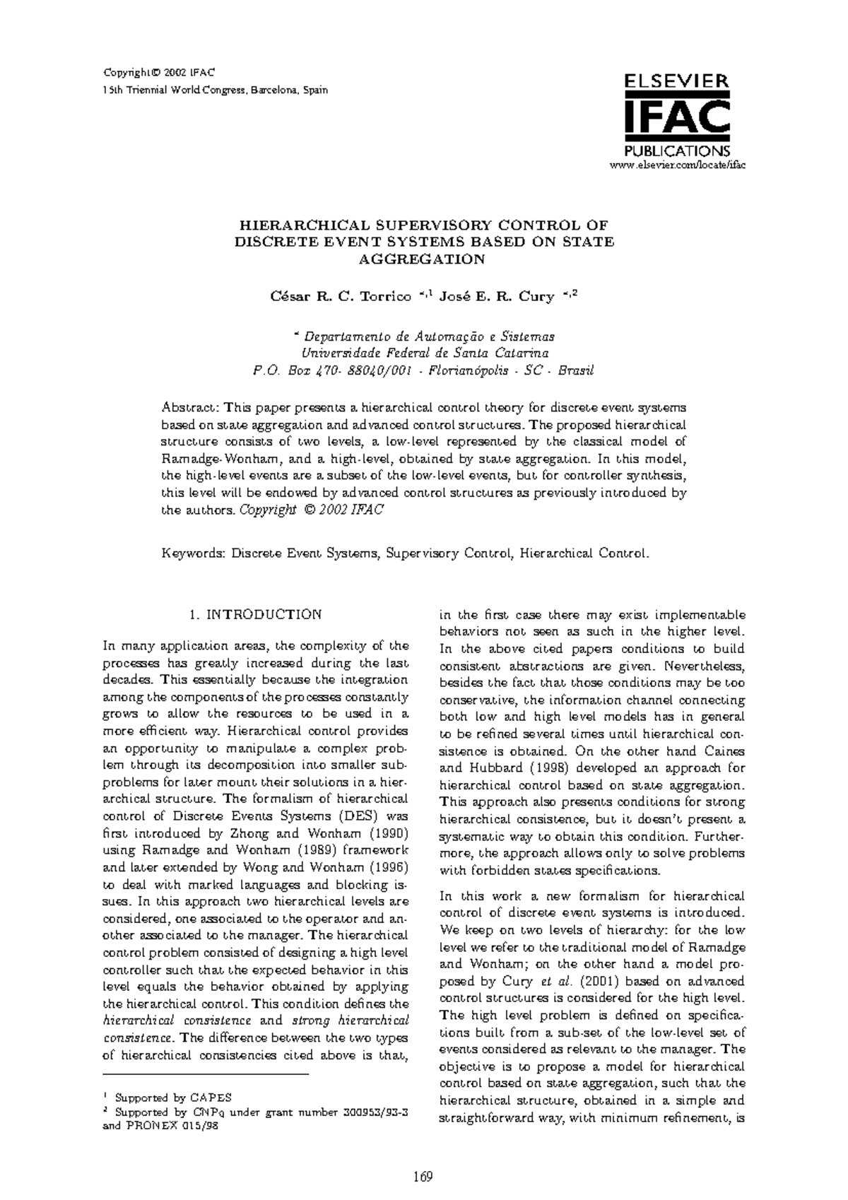1-s2 - HIERARCHICAL SUPERVISORY CONTROL OF DISCRETE EVENT SYSTEMS BASED ON STATE AGGREGATION C ...