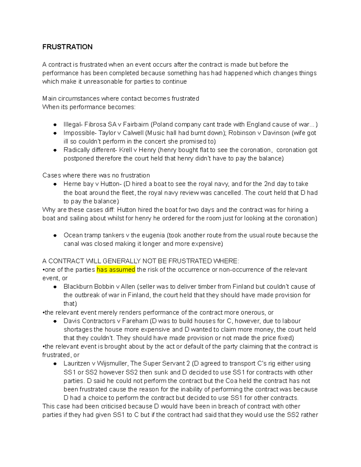 Frustration - Lecture notes 1-5 - FRUSTRATION A contract is frustrated ...