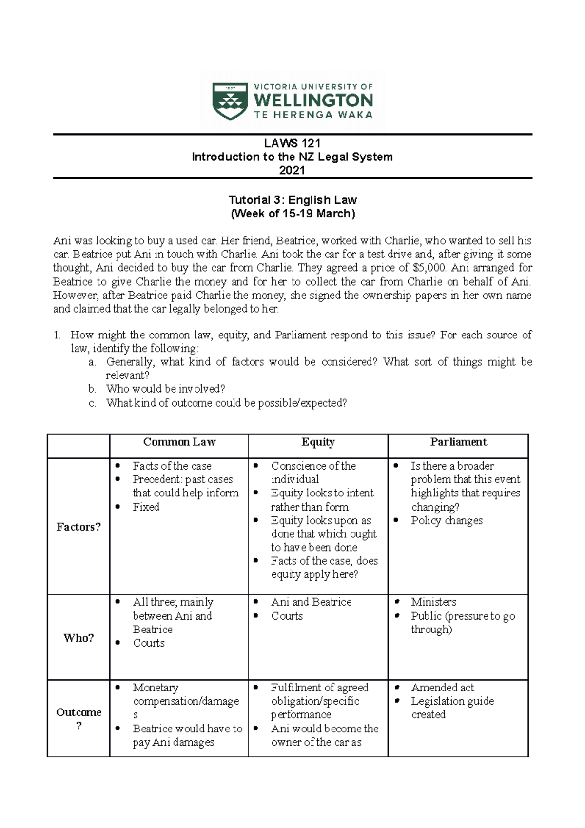 Tutorial 3 English Law - LAWS 121 Introduction to the NZ Legal System ...