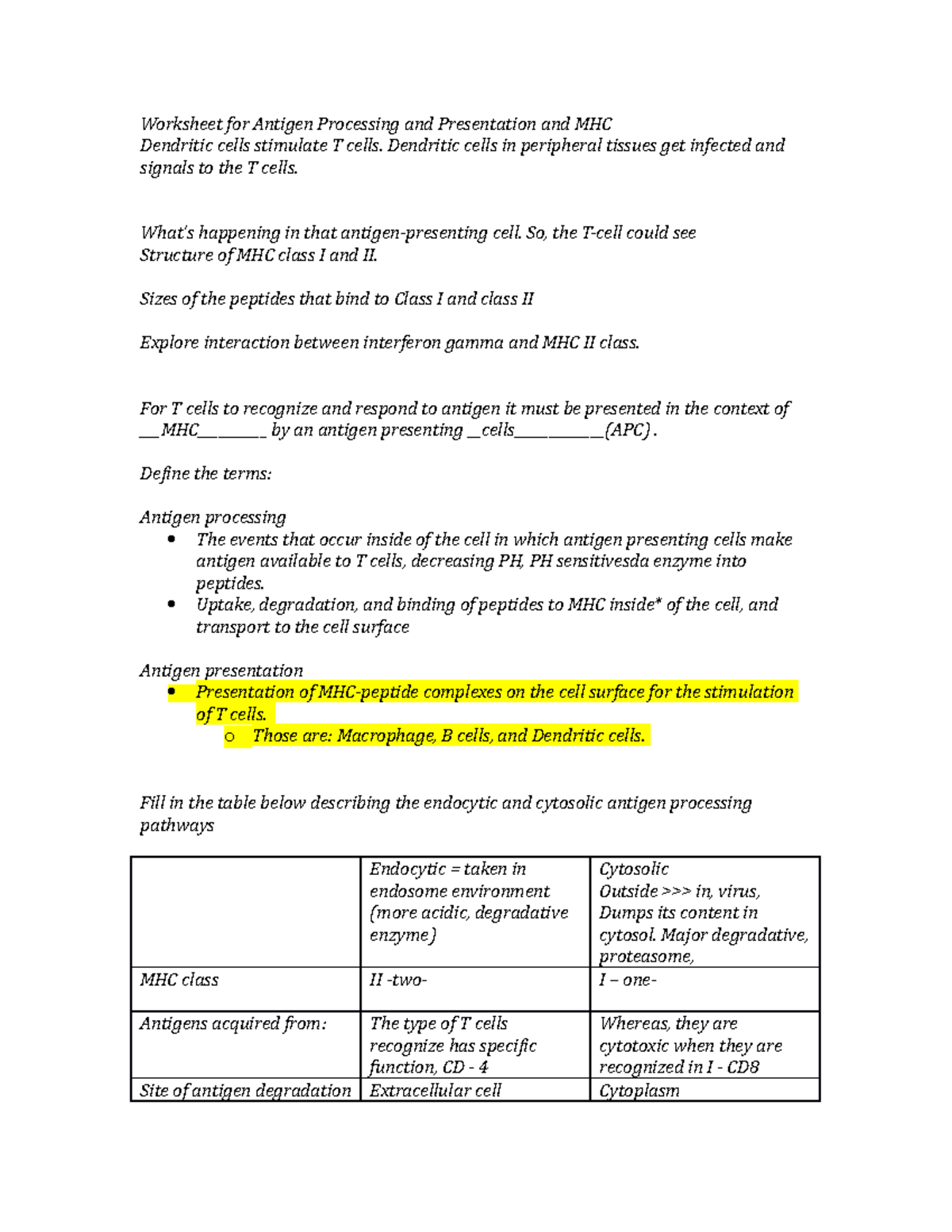 Worksheet for Antigen Processing and Presentation and MHC - Dendritic ...