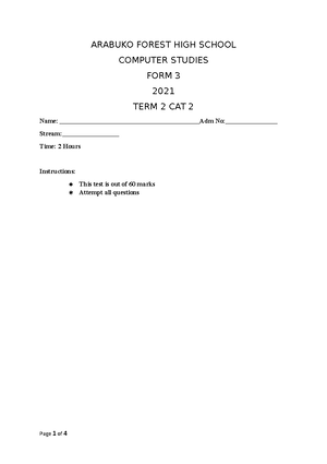 Computer Studies END TERM 1 EXAM 2020 FORM 2 - ARABUKO FOREST HIGH ...
