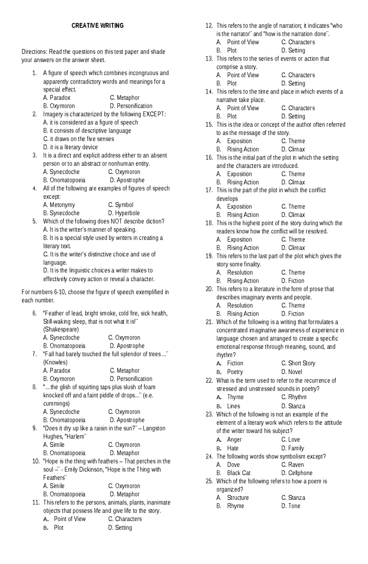 Creative Writing test 1st - CREATIVE WRITING Directions: Read the ...