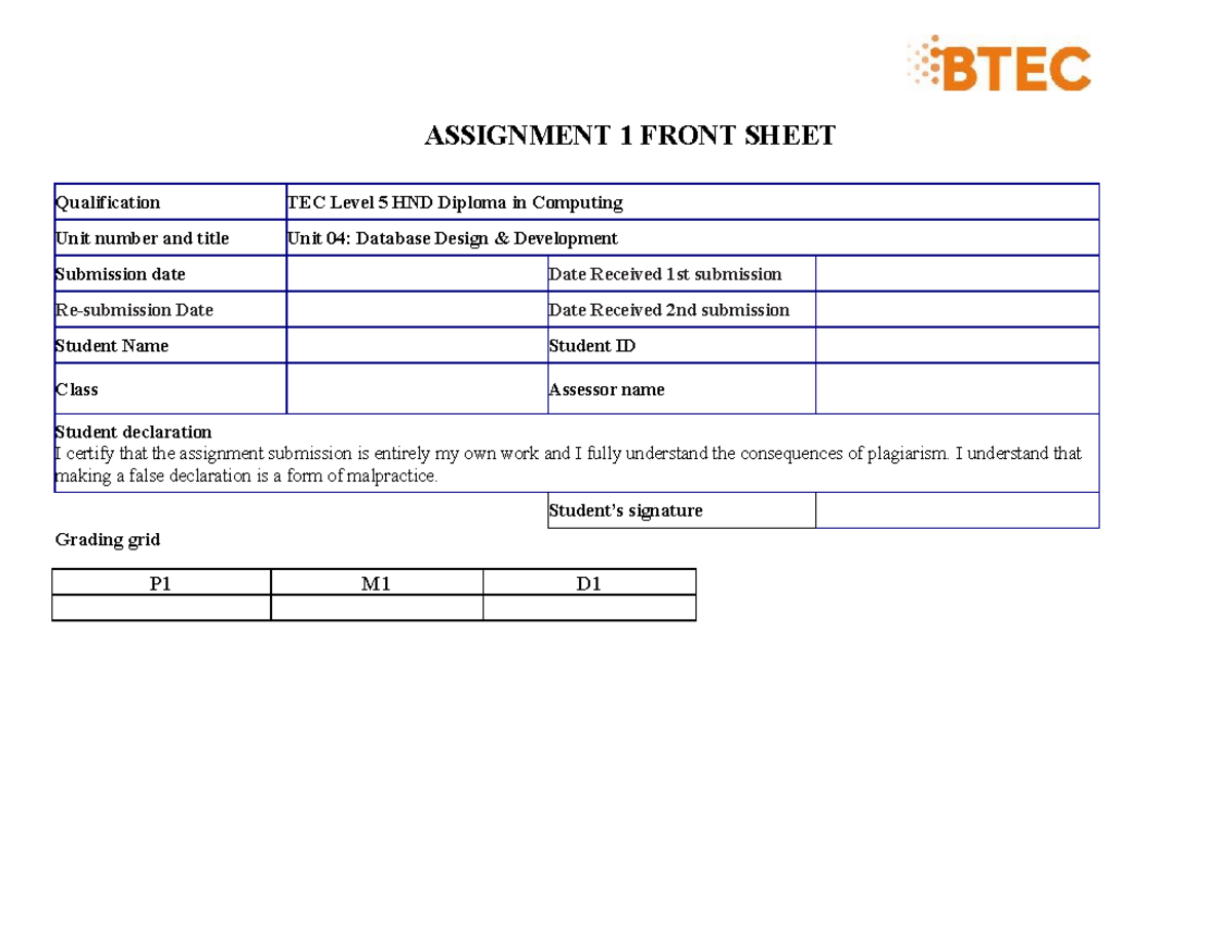 ASM1 Nguyen-DANG- Hoang- Duong BH01106 - ASSIGNMENT 1 FRONT SHEET Qualification TEC Level 5 HND ...