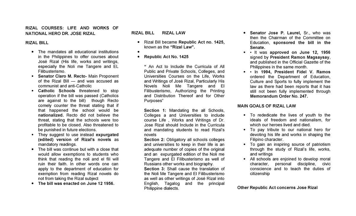 Reviewer IN Rizal Courses - RIZAL COURSES: LIFE AND WORKS OF NATIONAL ...