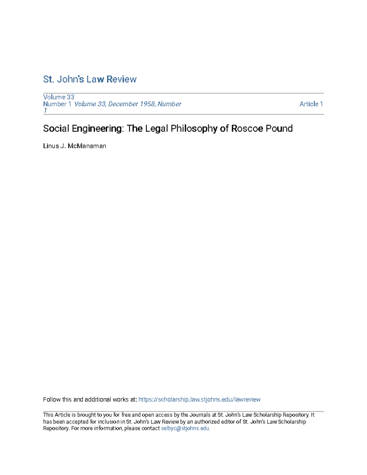 Social Engineering The Legal Philosophy of Roscoe Pound - St. John's ...