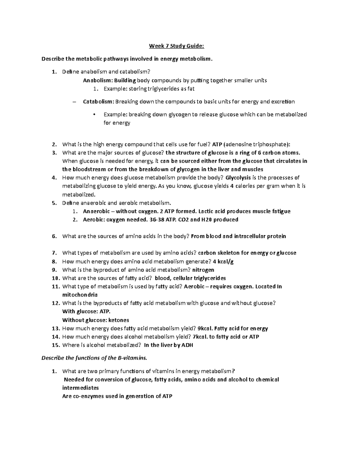 Week 7 Study Guide - Week 7 Study Guide: Describe the metabolic ...