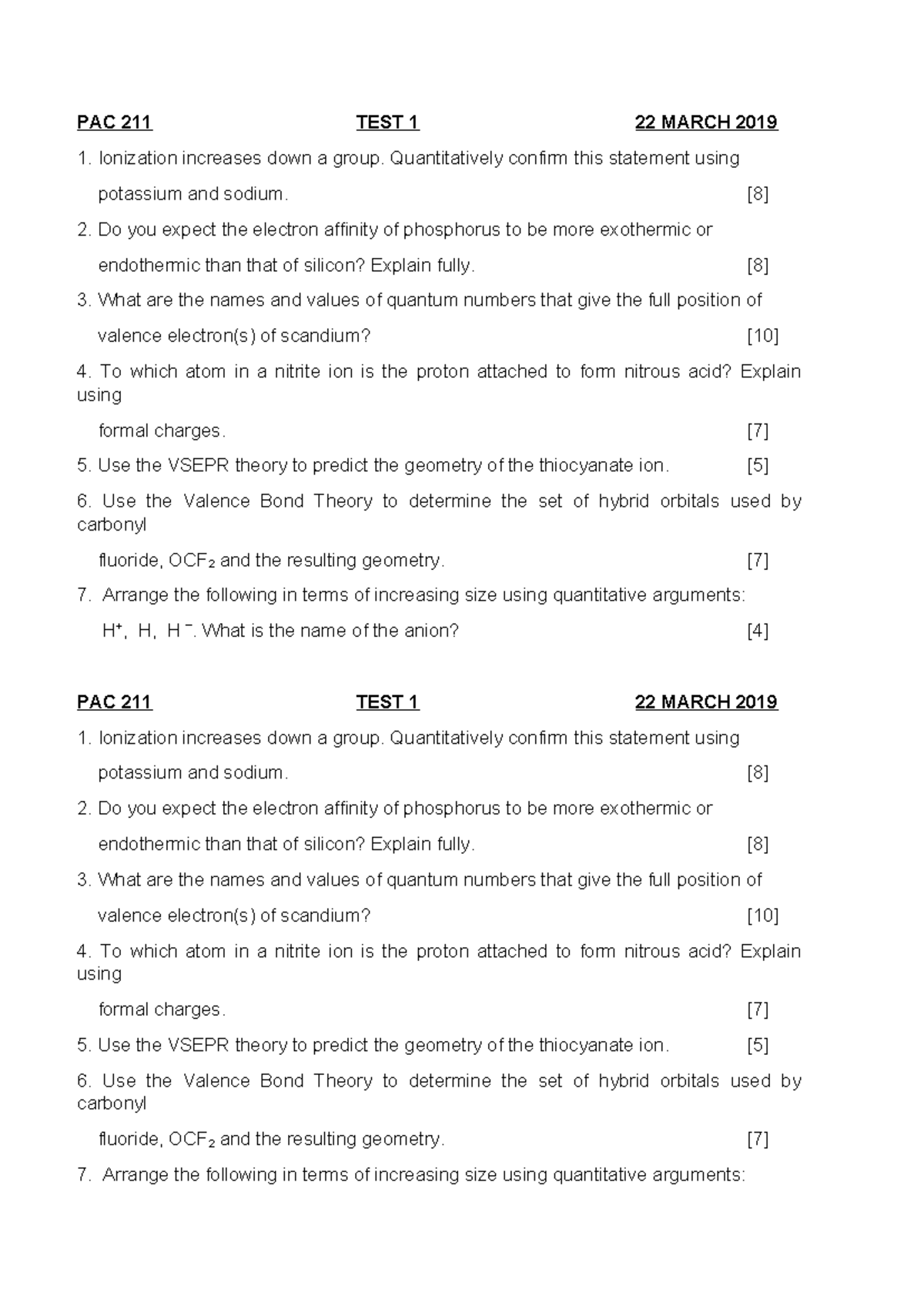 PAC 211 TEST 1 22 March 2019 - PAC 211 TEST 1 22 MARCH 2019 Ionization ...