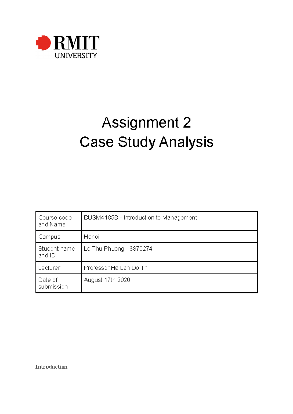 ITM - Case Study Asm 2 - DI - Assignment 2 Case Study Analysis Course ...