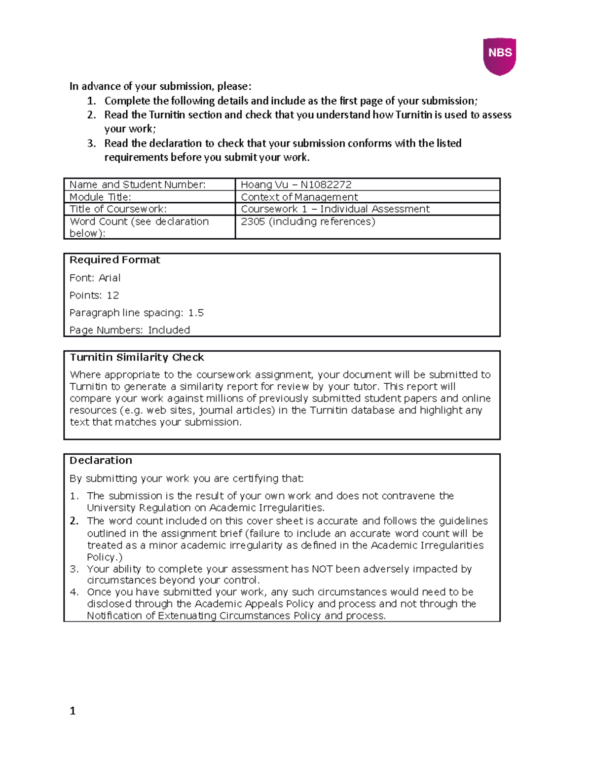 N1082272 Individual Coursework - In advance of your submission, please ...