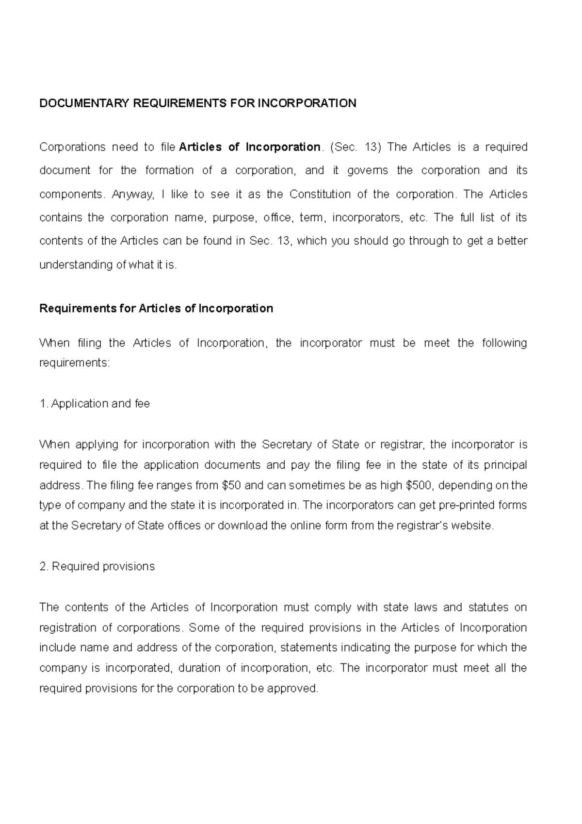 BA 122 NEW Assignment - DOCUMENTARY REQUIREMENTS FOR INCORPORATION ...