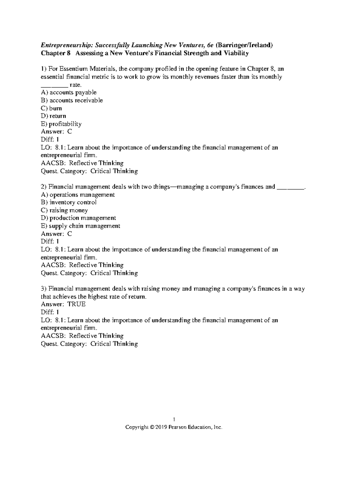 Entrepreneurship chapter 8 ( test bank ) - 1 Entrepreneurship ...