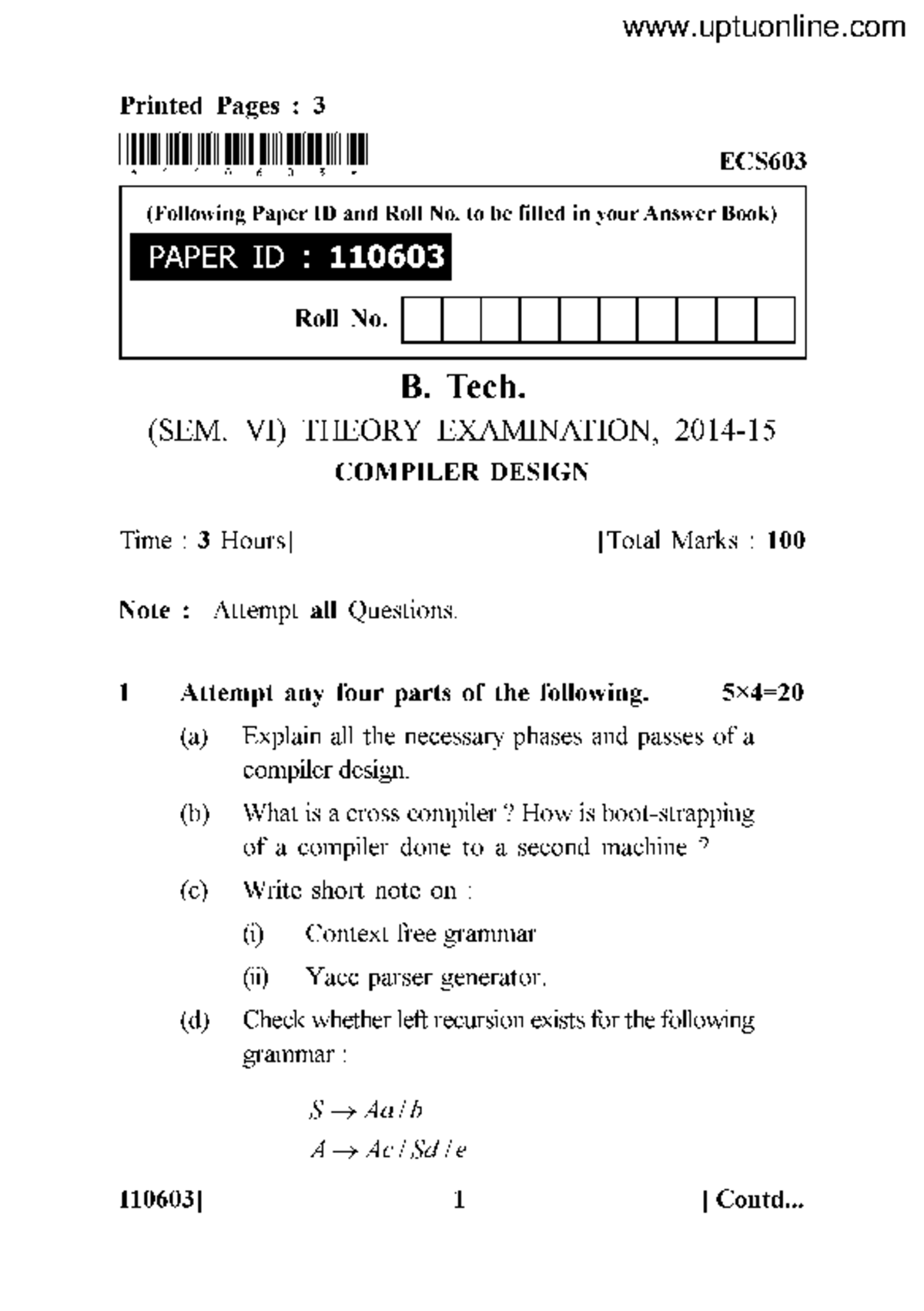 Btech cs 6 sem compiler design ecs 603 2015 - Compiler Design ...