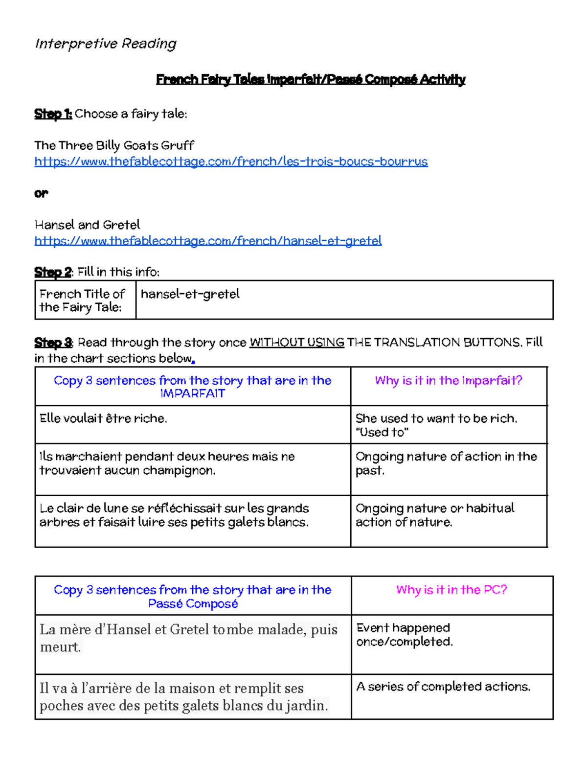 French Fairy Tales Imparfait Passé Composé - Student 1 - Interpretive ...