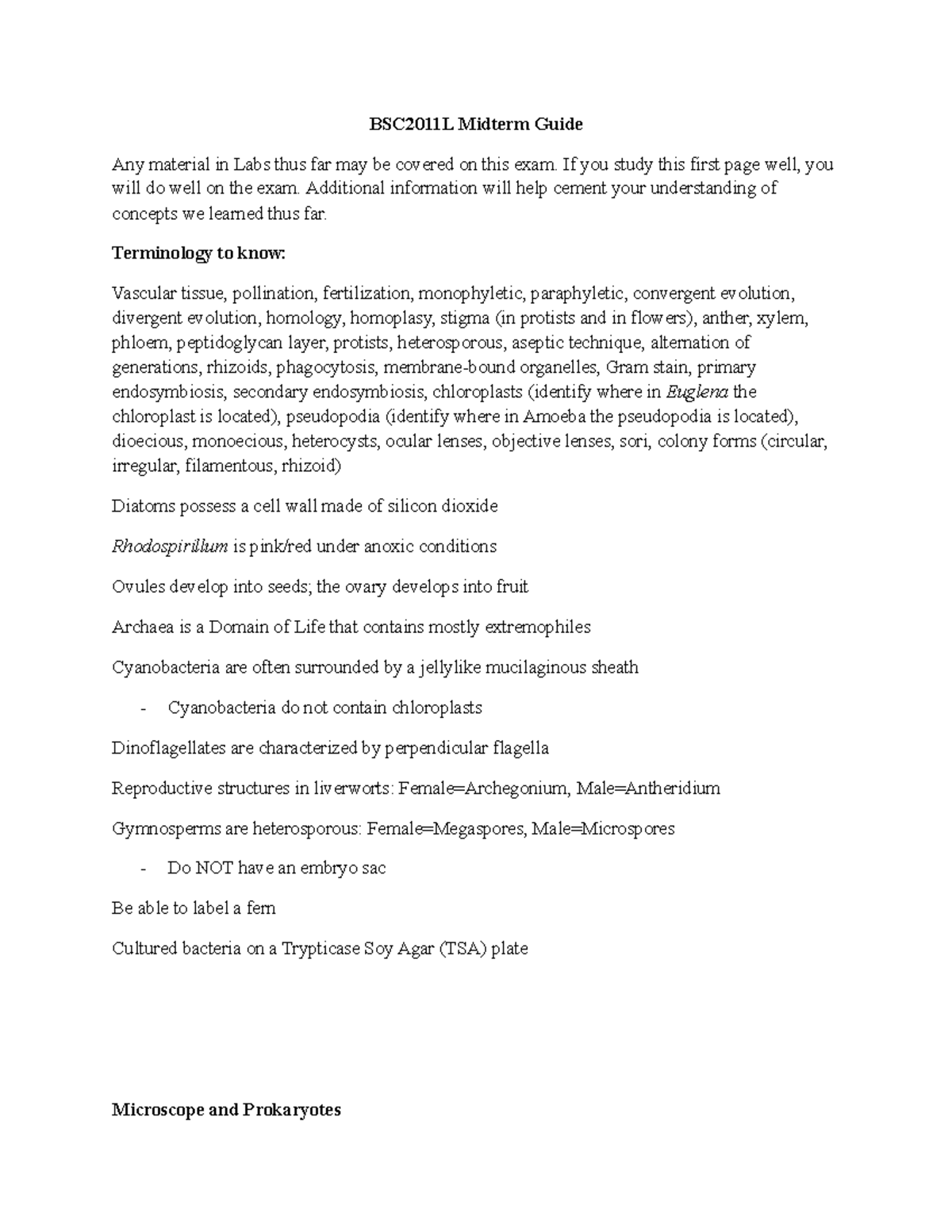 BSC2011 L Midterm Study Guide - BSC2011L Midterm Guide Any material in ...