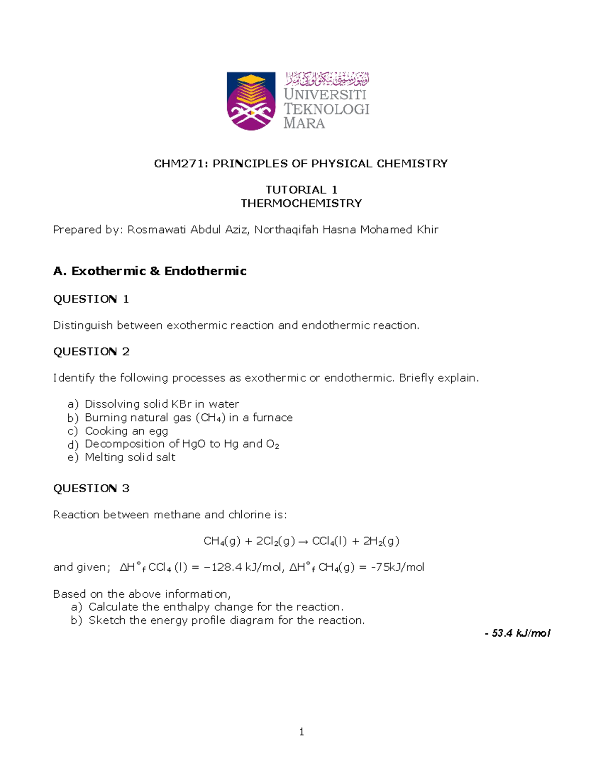 CHM271 - Tutorial 1 - Thermochemistry - CHM271: PRINCIPLES OF PHYSICAL ...