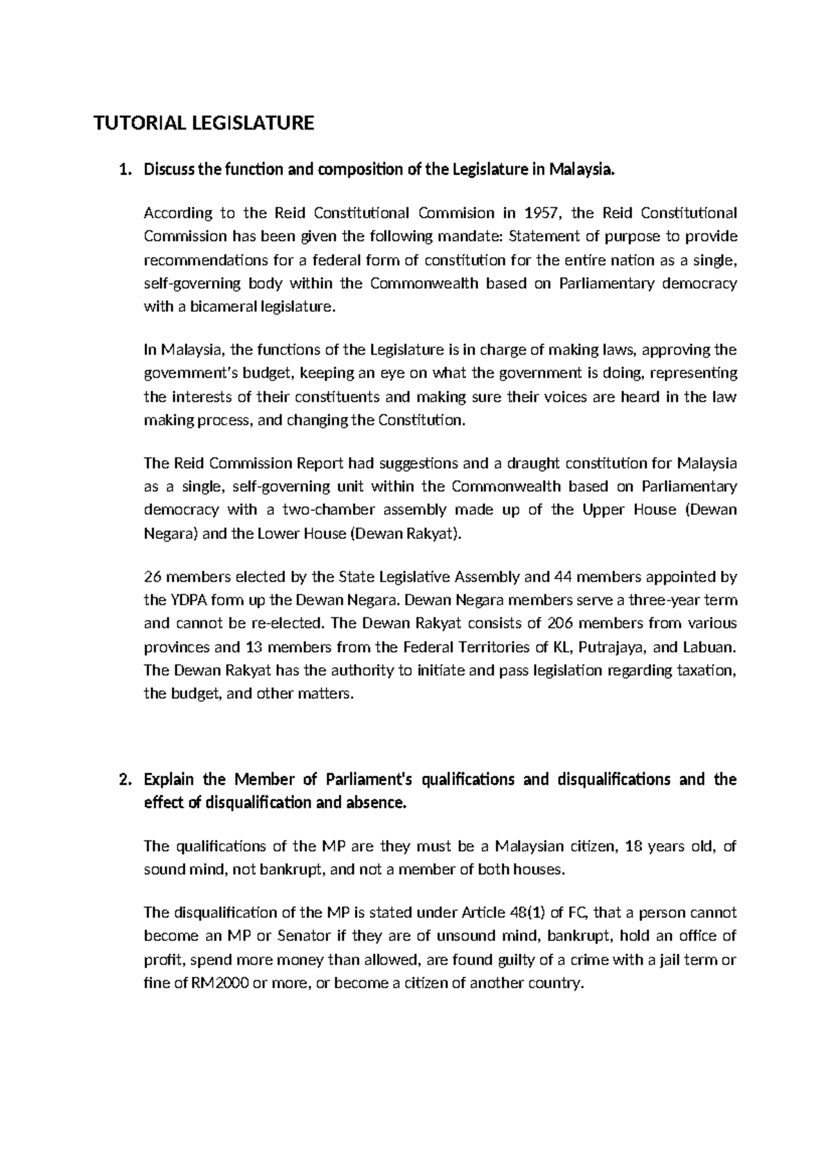 Tutorial Legislature - TUTORIAL LEGISLATURE Discuss the function and ...
