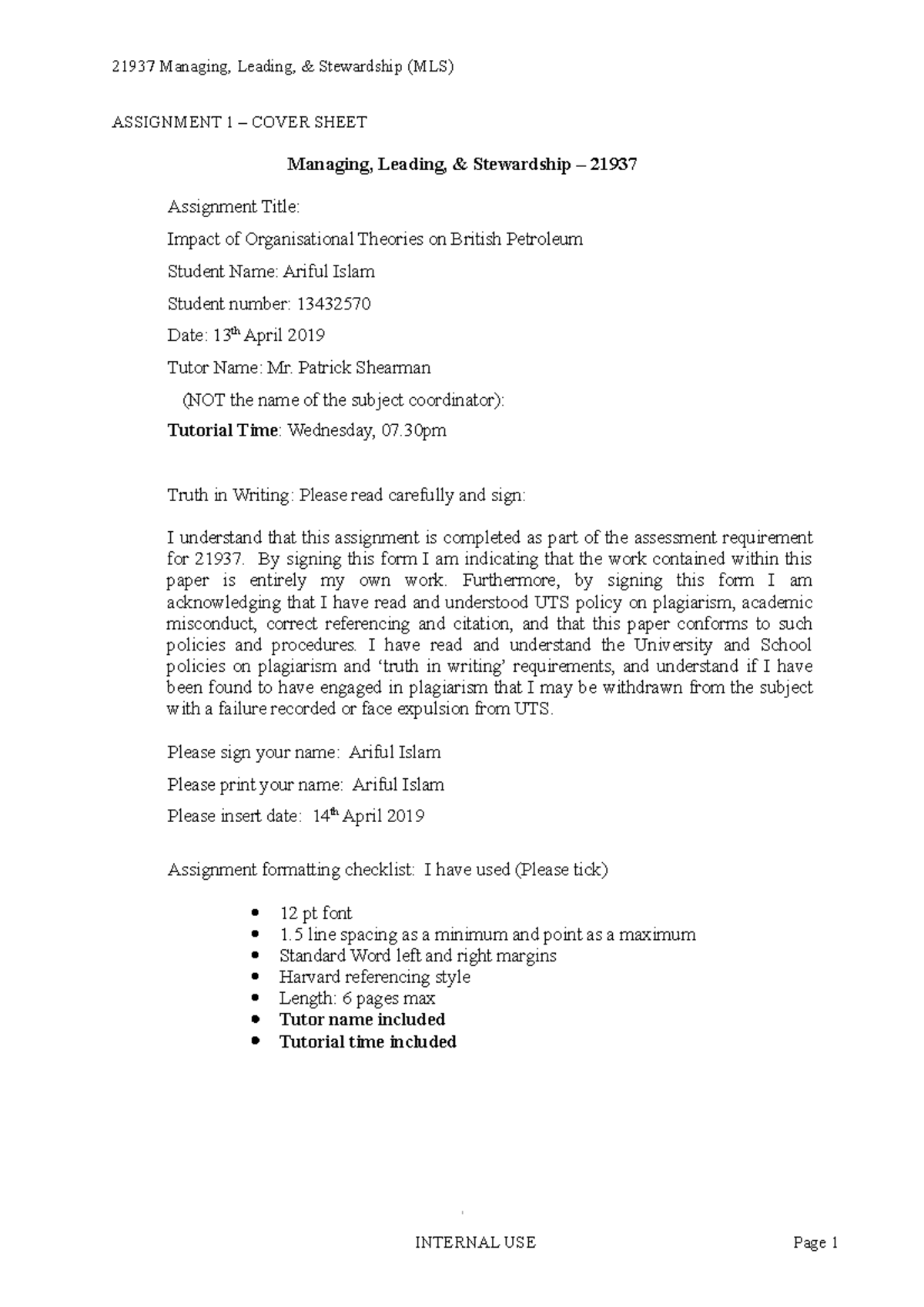 Final MLS Assignment 1 - Managing leading - ASSIGNMENT 1 – COVER SHEET ...