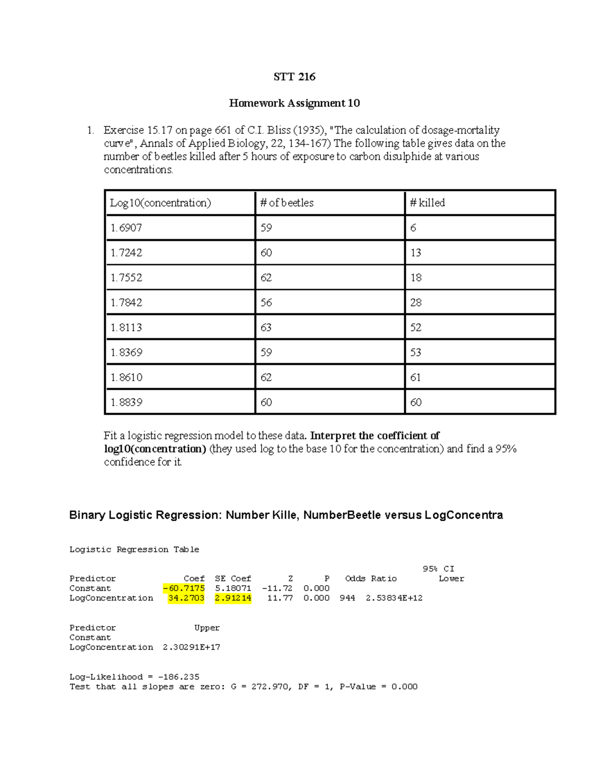 Assignment 10 Answers - STT 216 Homework Assignment 10 1. Exercise 15 on page 661 of C. Bliss ...
