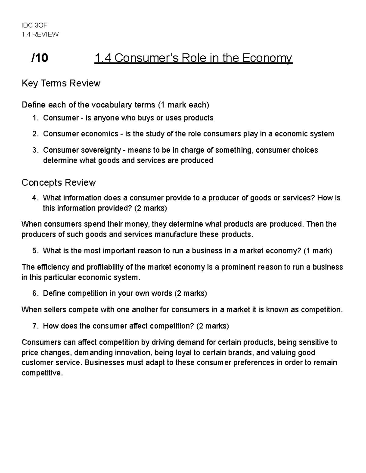 1.4 Consumer's Role in the Economy - IDC 3OF 1 REVIEW /10 1 Consumer’s ...