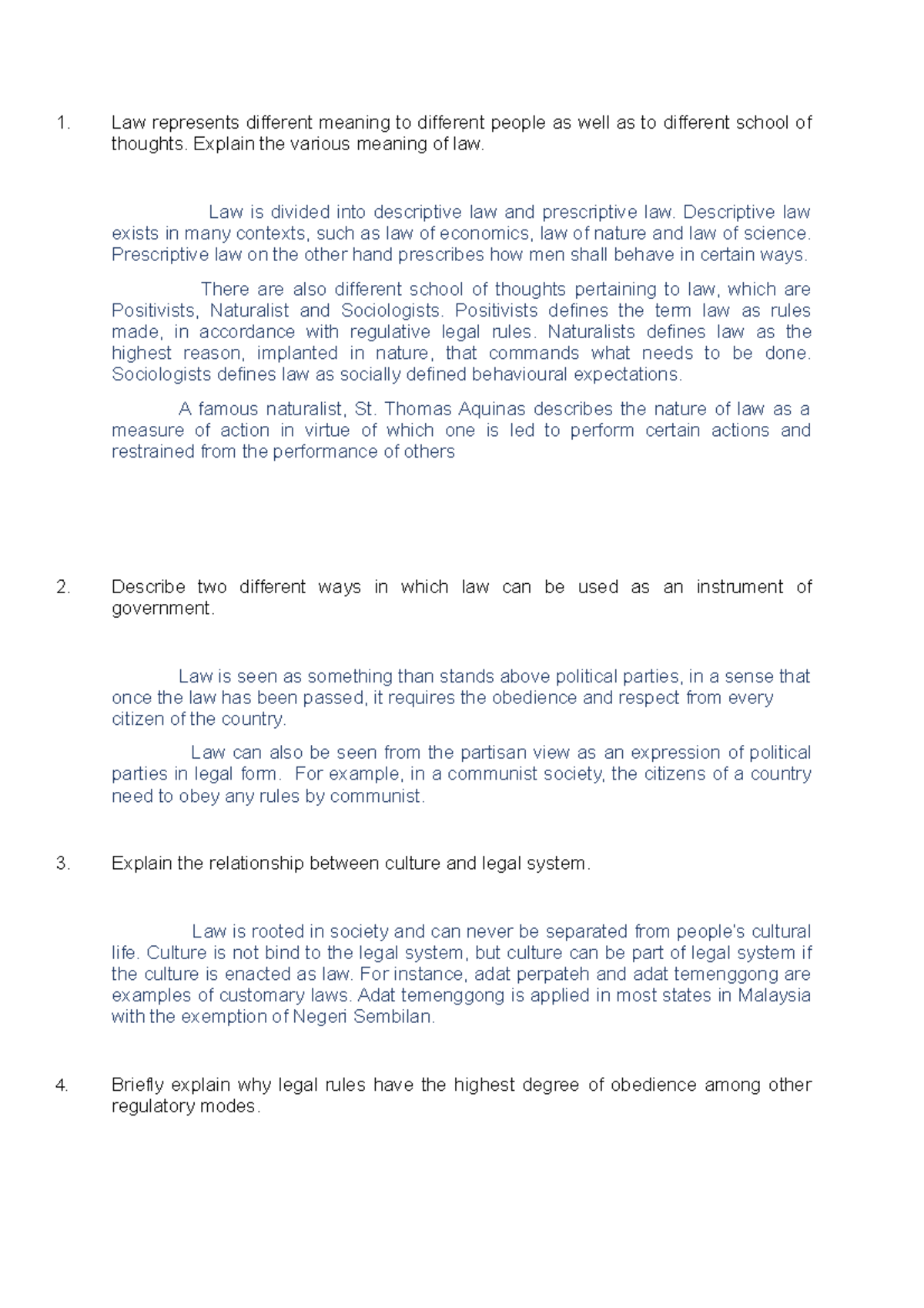 Tutorial Questions LAW 034- This is for reference - Law represents ...