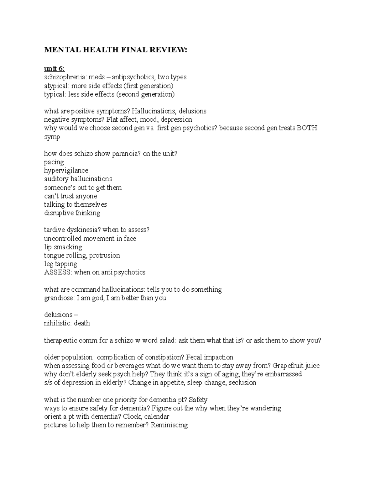 Mental Health Final Review - MENTAL HEALTH FINAL REVIEW: unit 6 ...