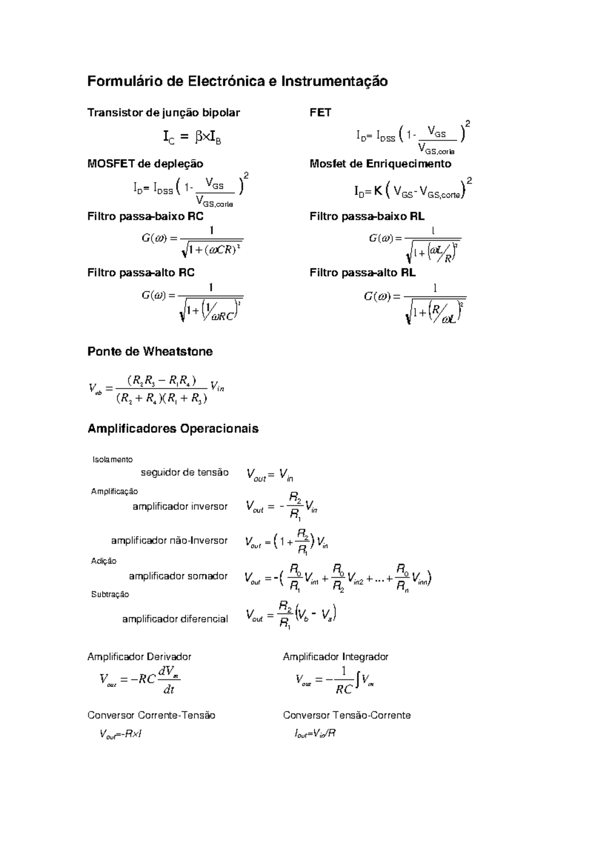 Formulario - Formulas uteis - Formulário de Electrónica e ...