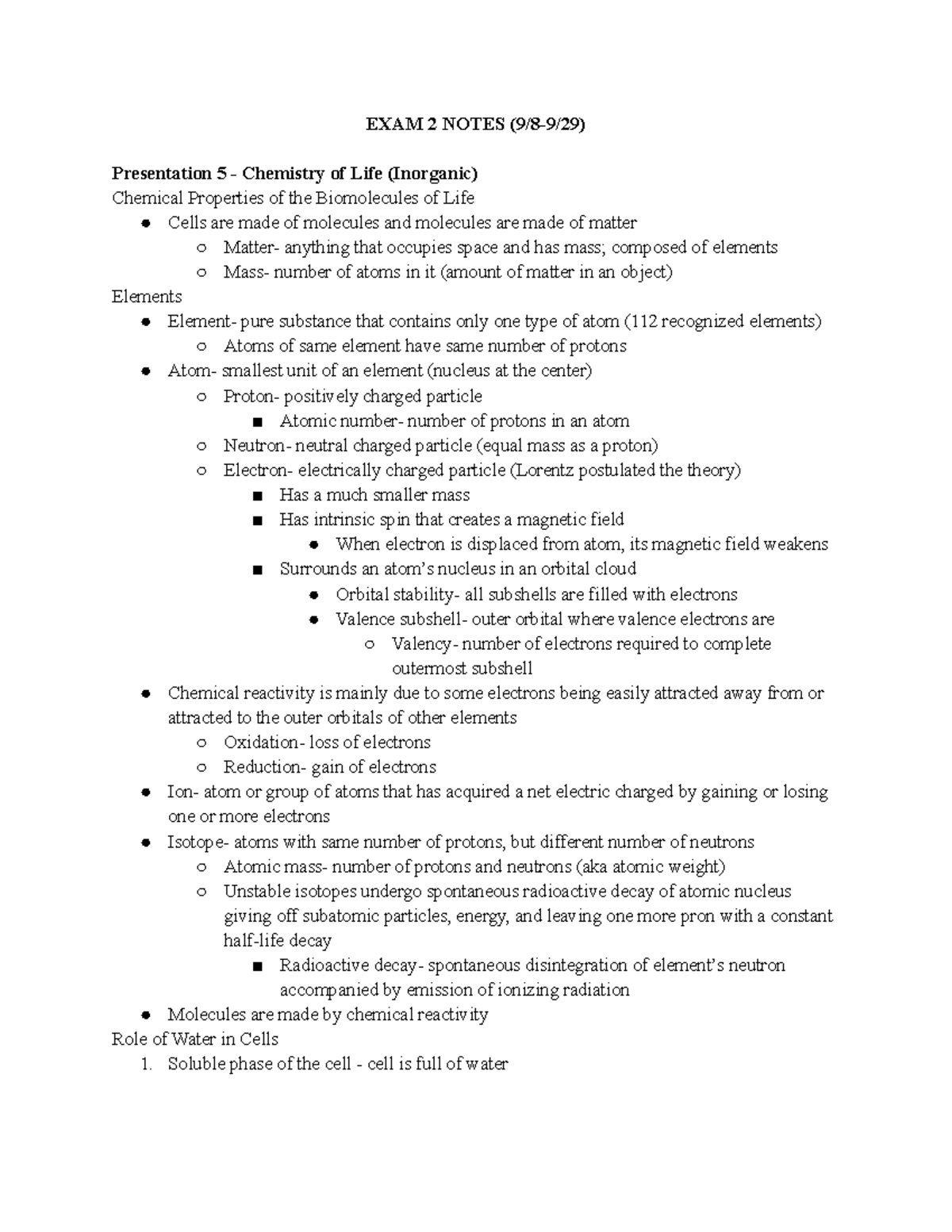BIL 150 Exam 2 Notes - EXAM 2 NOTES (9/8-9/29) Presentation 5 ...