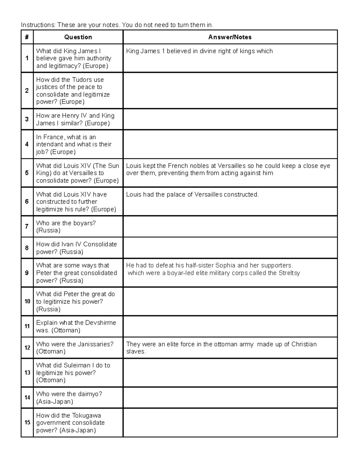 Questions and answers - Instructions: These are your notes. You do not ...