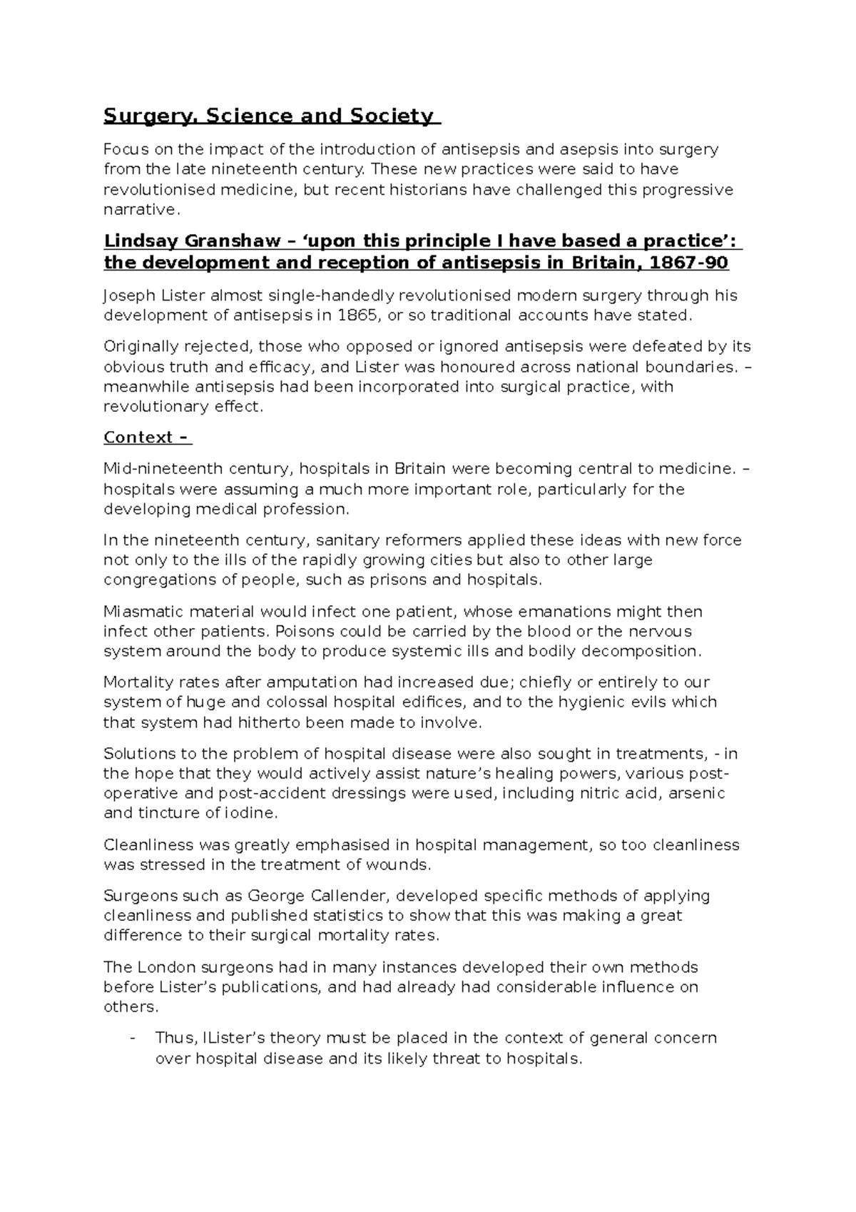 Week five - reading notes - Surgery, Science and Society Focus on the ...