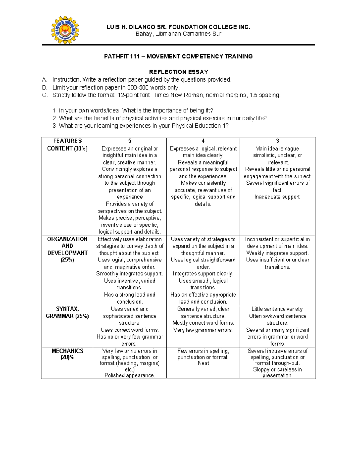 Reflection Essay Guidelines [ Pathfit 111] - LUIS H. DILANCO SR ...