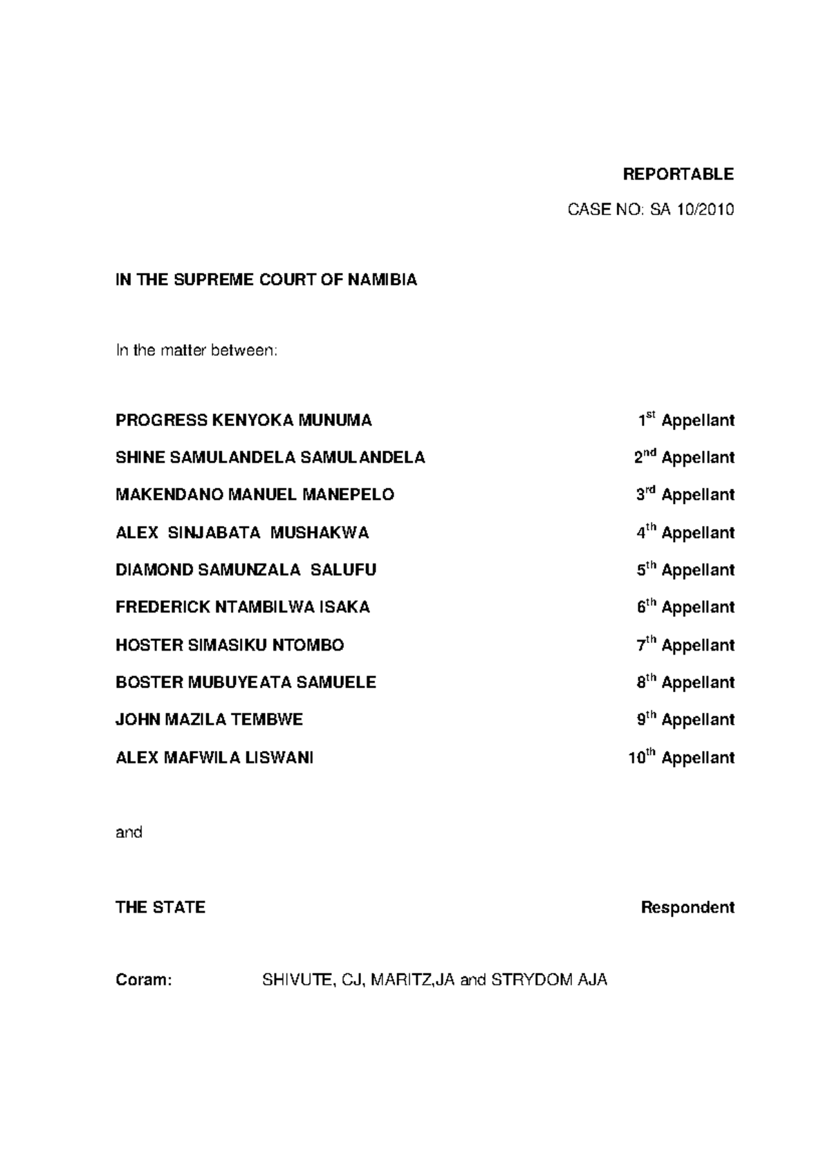 10 - very good - REPORTABLE CASE NO: SA 10/ IN THE SUPREME COURT OF ...