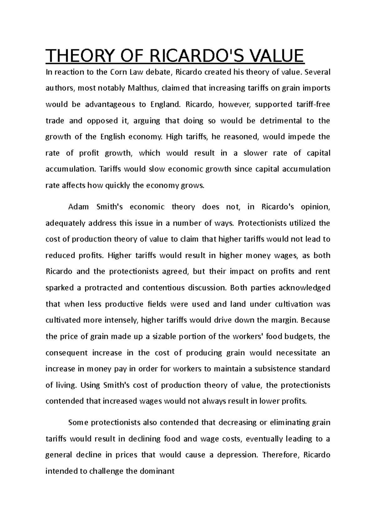 Theory OF Ricardo - THEORY OF RICARDO'S VALUE In reaction to the Corn ...