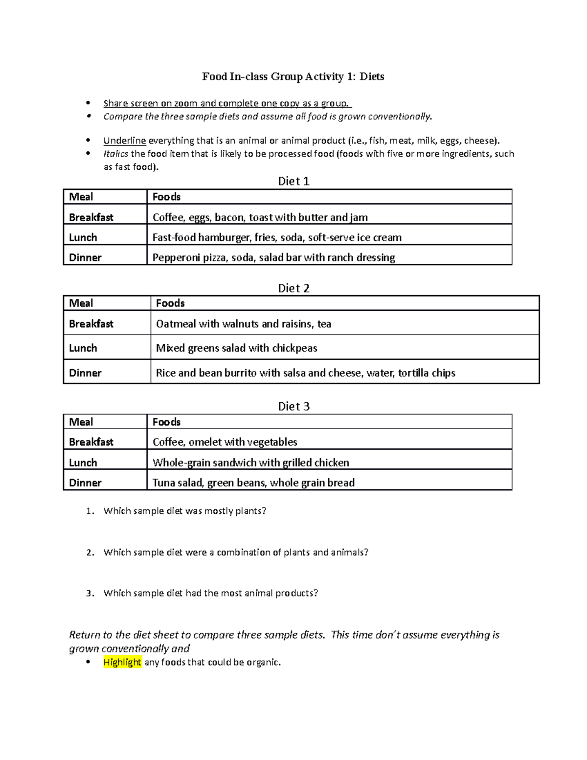 Food in class group wkst s2022 diets - Food In-class Group Activity 1 ...