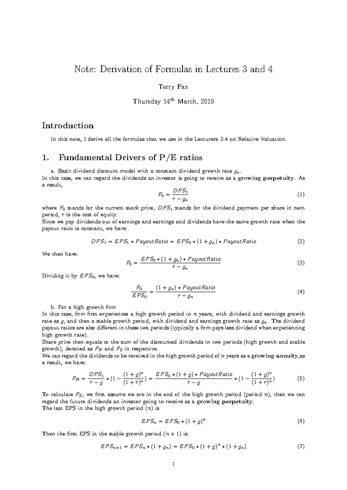 Note Derivation of Formulas in Lectures 3 and 4 - 1. Fundamental ...