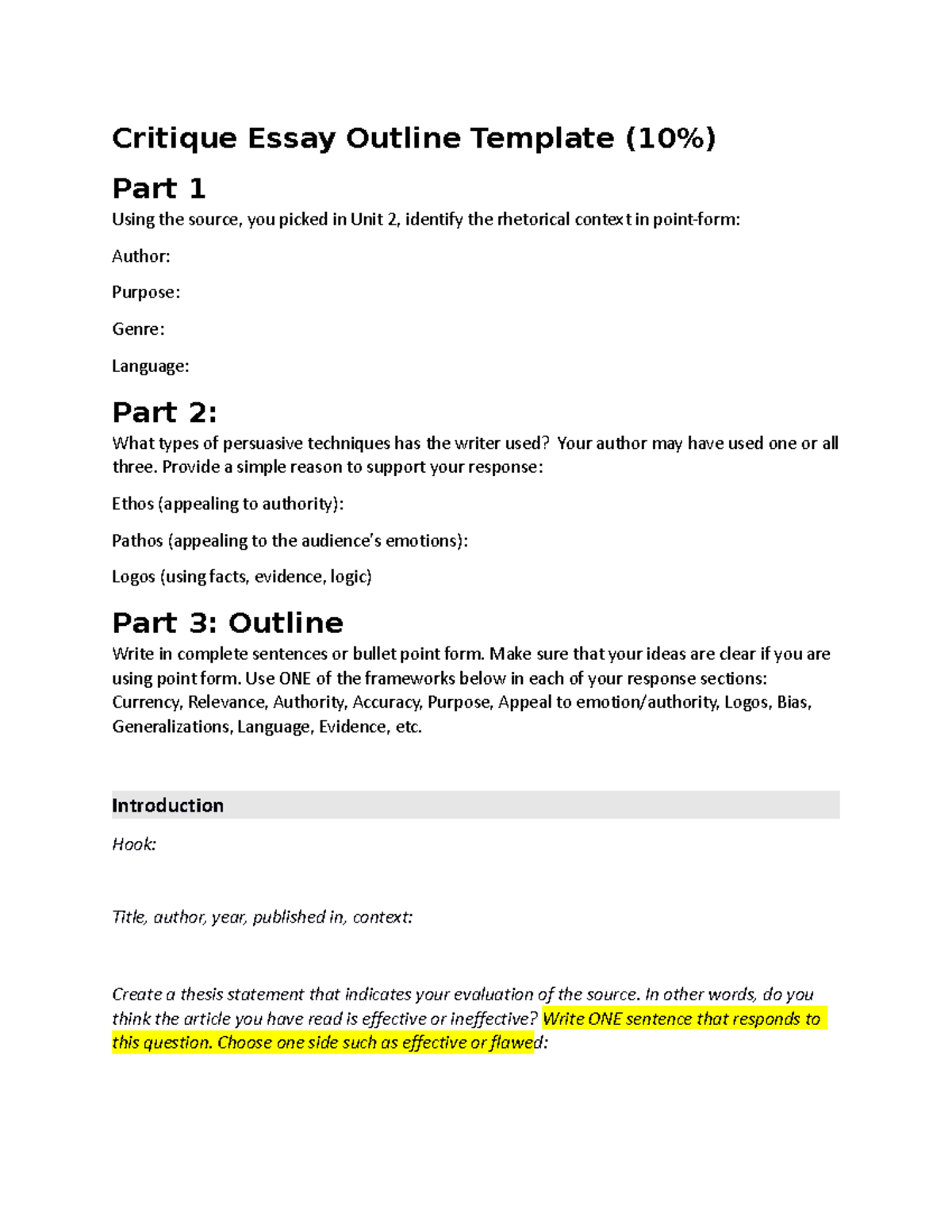 Assignment 2 - Project 1 essay outline - Critique Essay Outline ...