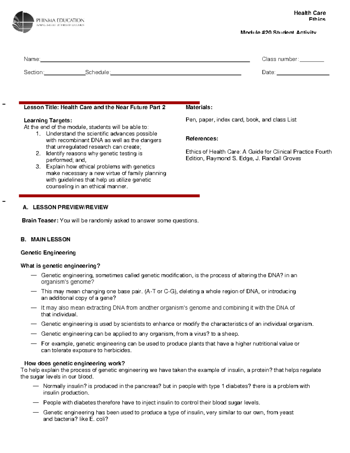 SAS 20 Bioethics - Ethics (Bioethics) Module #20 Student Activity Sheet ...