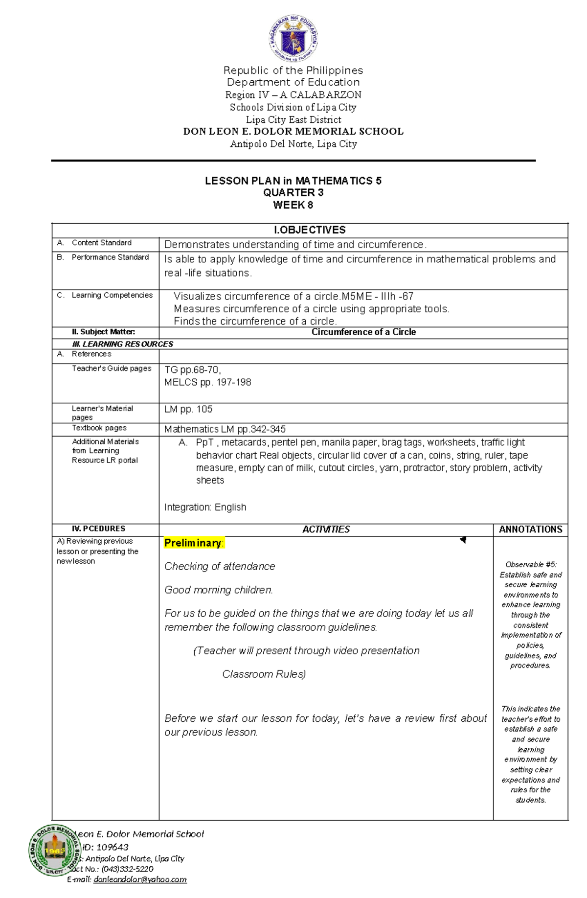 COT-MATH 5 3RDQuarter - COT or Lesson Plan in English - Department of ...