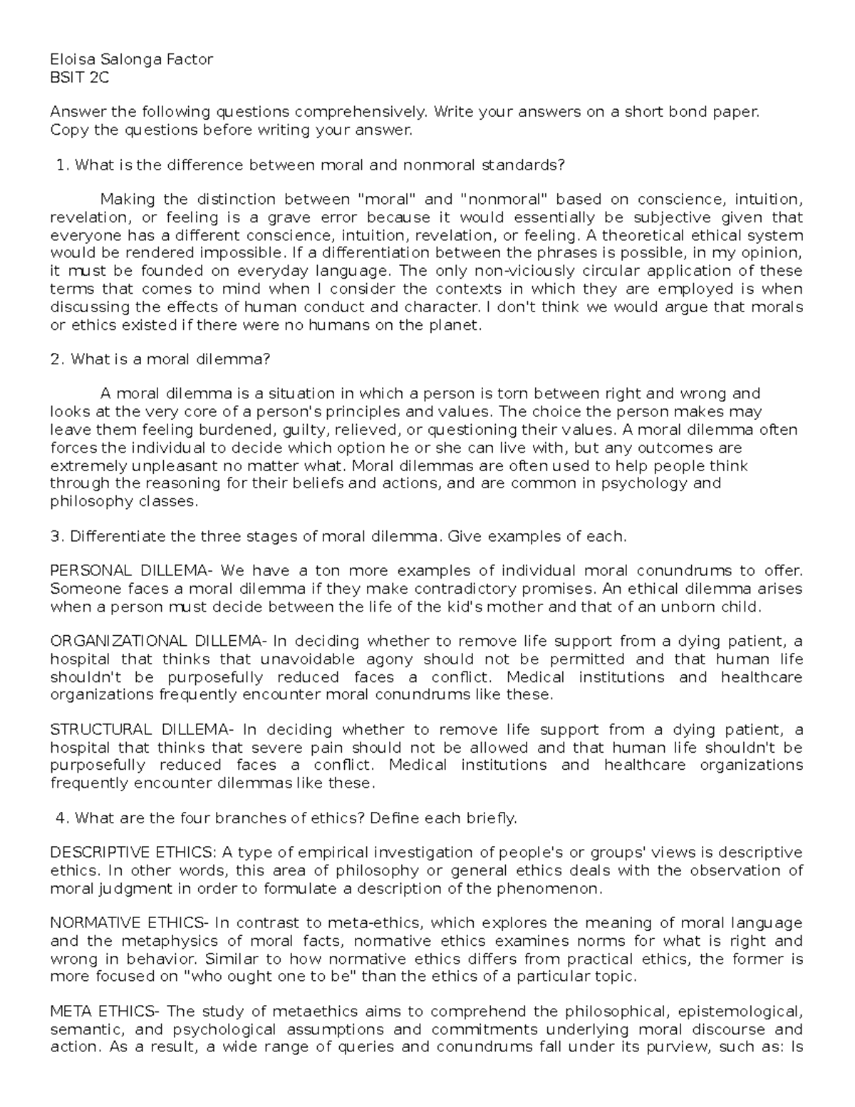 W1 - notes in ethics - Eloisa Salonga Factor BSIT 2C Answer the ...
