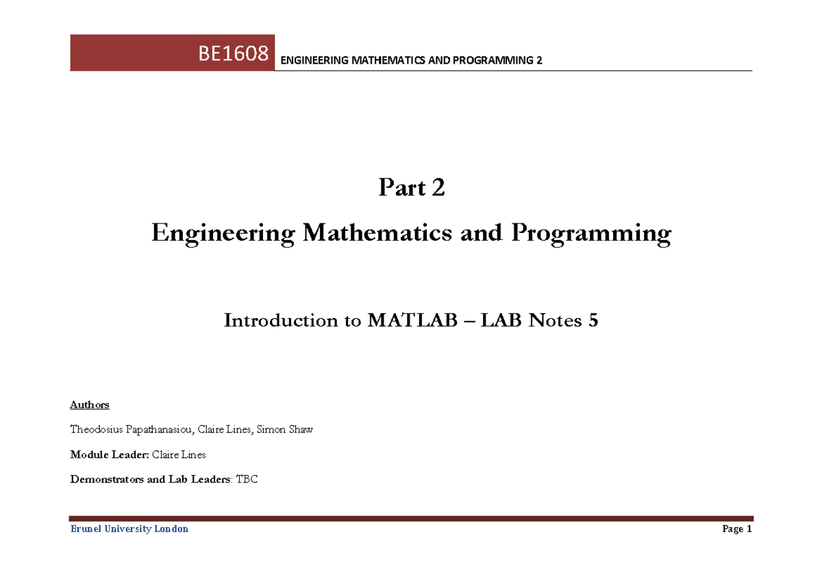 BE1601 lab notes part 4 - Part 2 Engineering Mathematics and ...