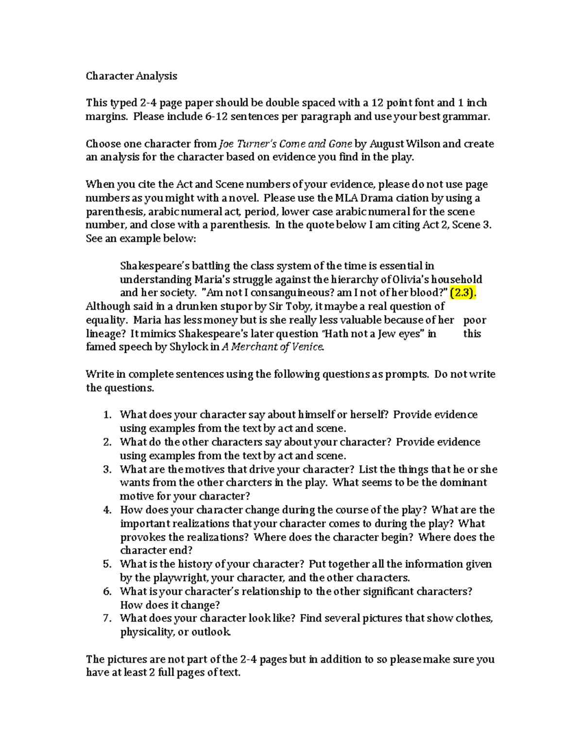 Character Analysis - Character Analysis This typed 2-4 page paper ...