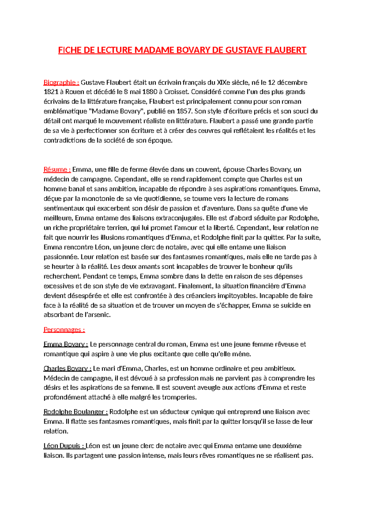 Fiche de lecture madame bovary - FICHE DE LECTURE MADAME BOVARY DE ...