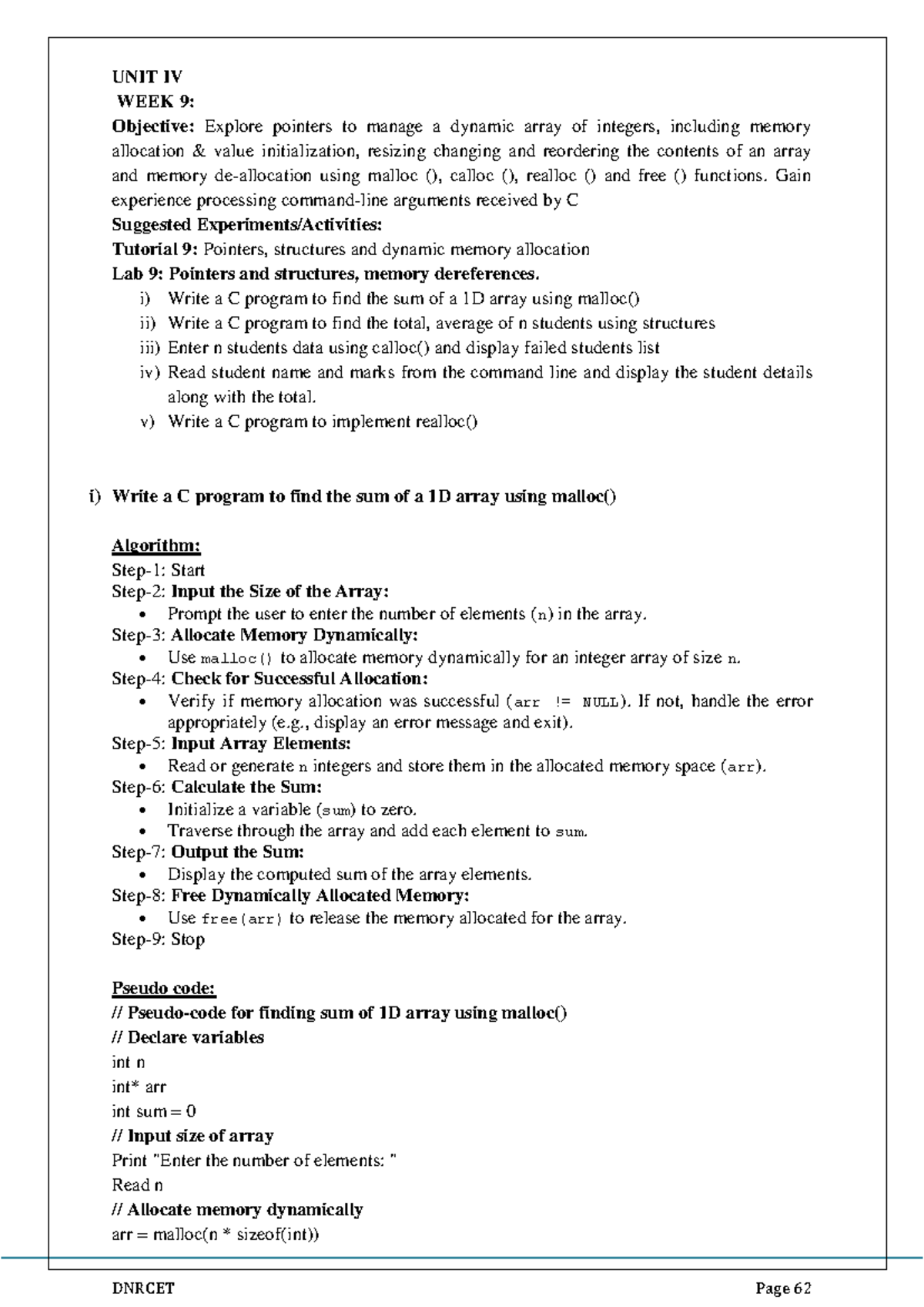 CP Master Manual-62-88 - UNIT IV WEEK 9: Objective: Explore pointers to manage a dynamic array ...
